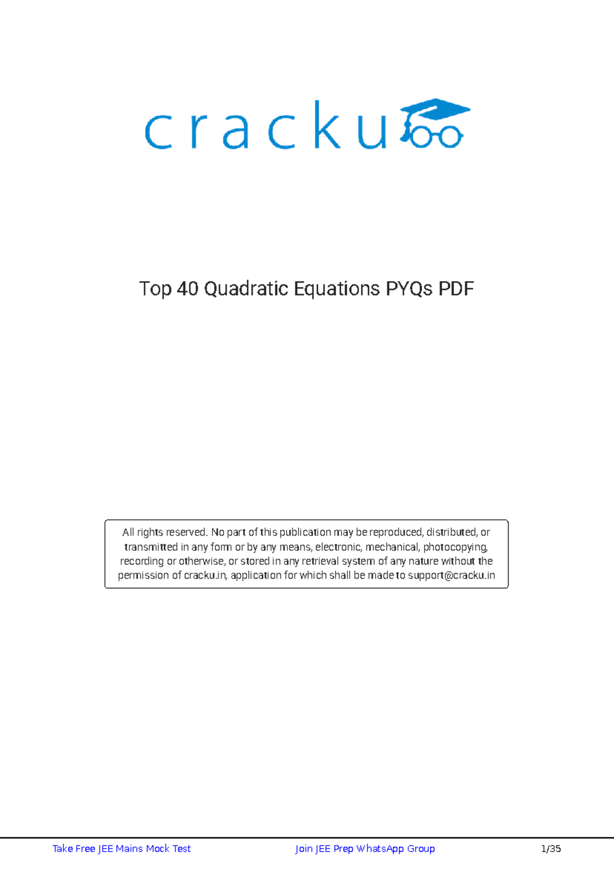 Top 40 PYQs on Quadratic Equations for JEE Mains - Studocu