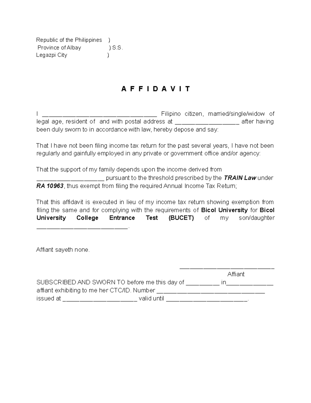 Affidavit of Low Income for BUCET Requirements - Philippines - Studocu