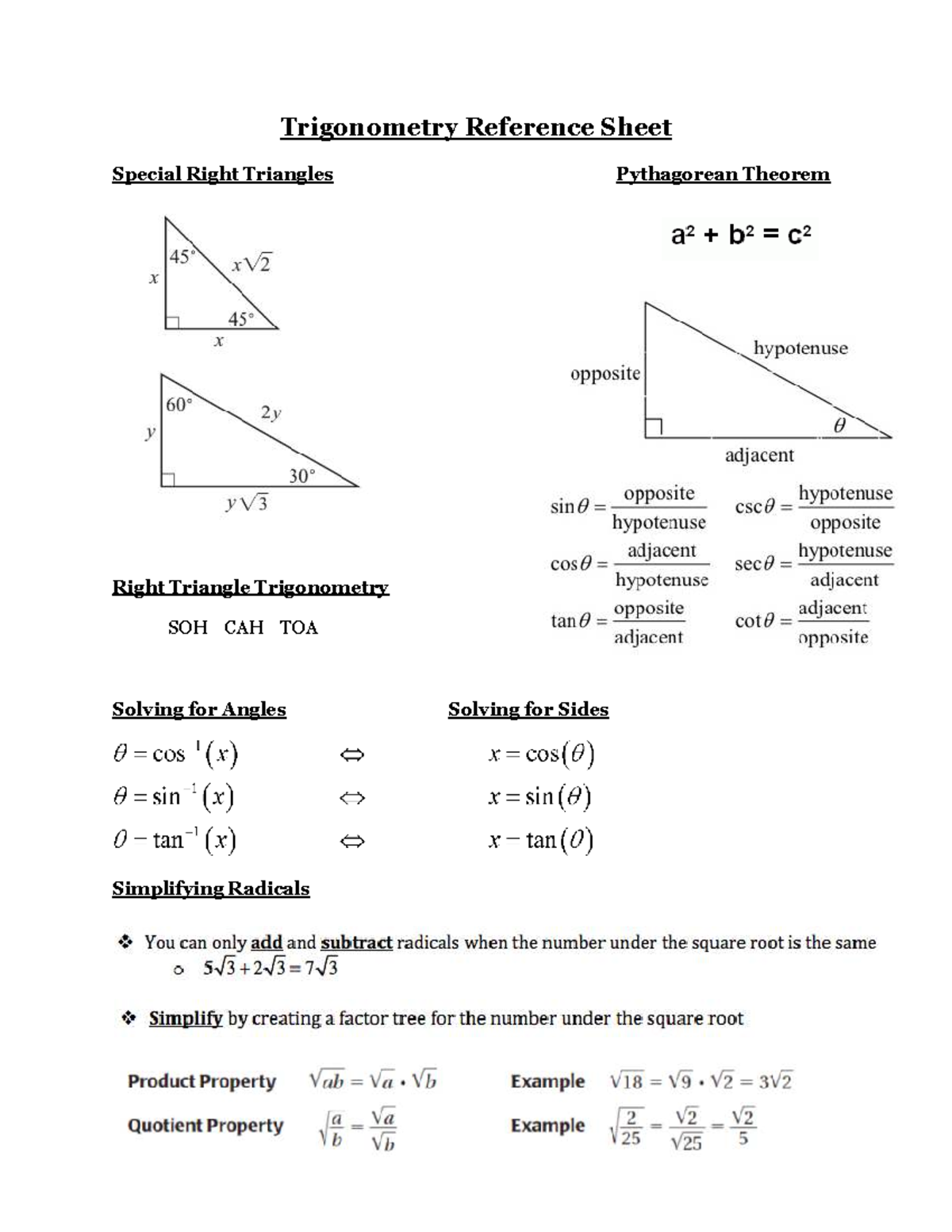 Trigonometry Unit Reference Sheet-1 - 0831 - Trigonometry Reference Sheet Special Right ...