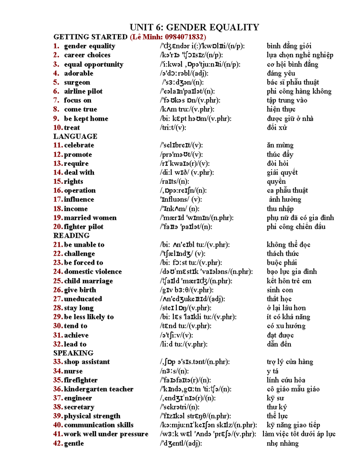 Global Success 10: Unit 6 - Gender Equality Overview - Studocu