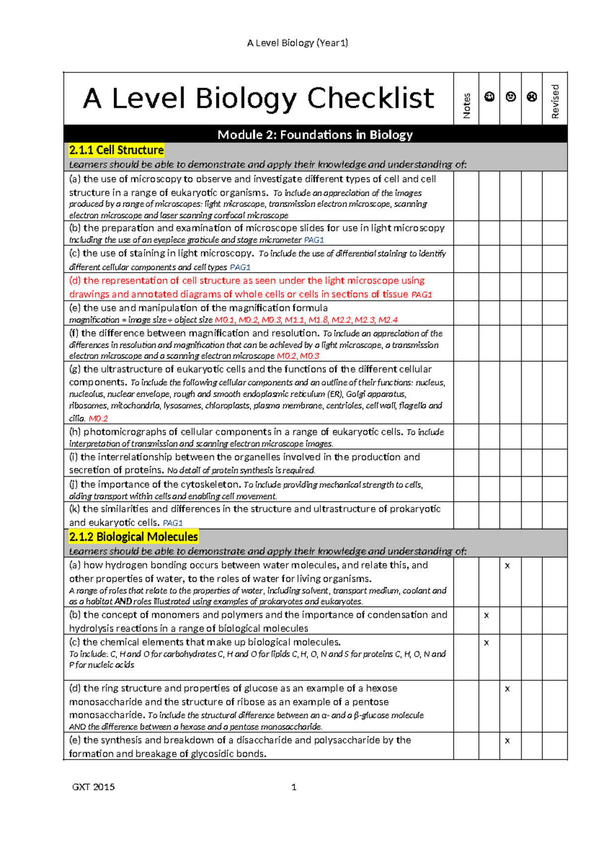 Year 1 OCR A Level Biology Course Content Checklist - Studocu