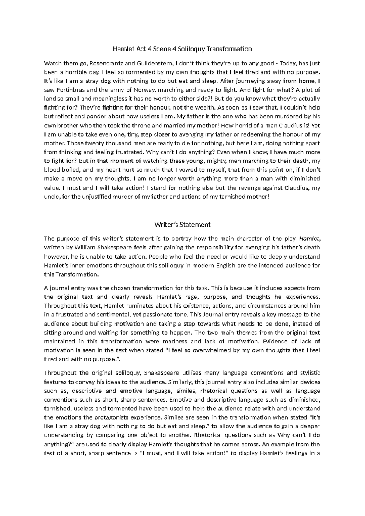 Hamlet (ENG 101) Act 4 Scene 4 Soliloquy Journal Transformation - Studocu
