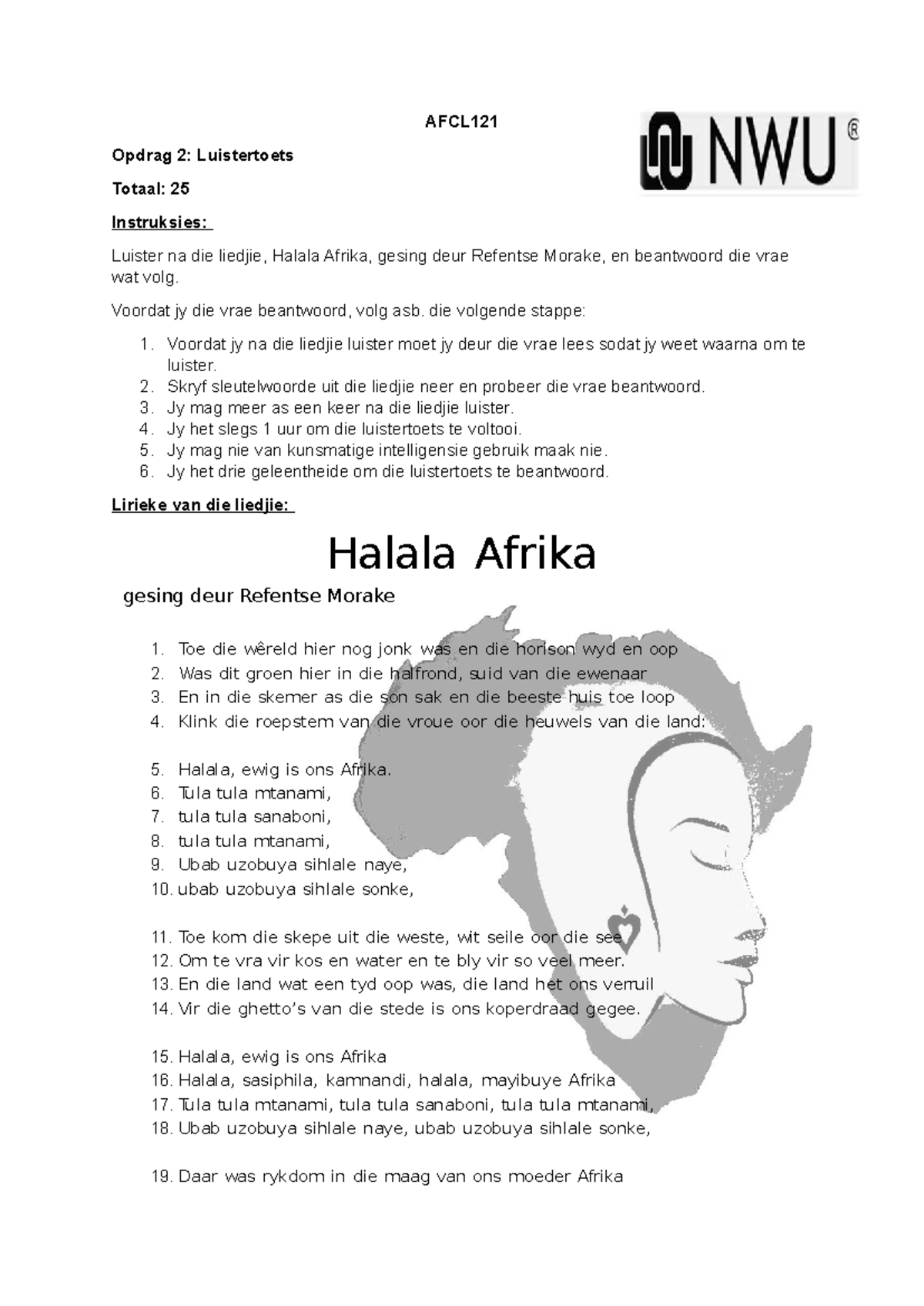 AFCL121 Opdrag 4: Luistertoets 2025 - Halala Afrika Vrae - Studocu