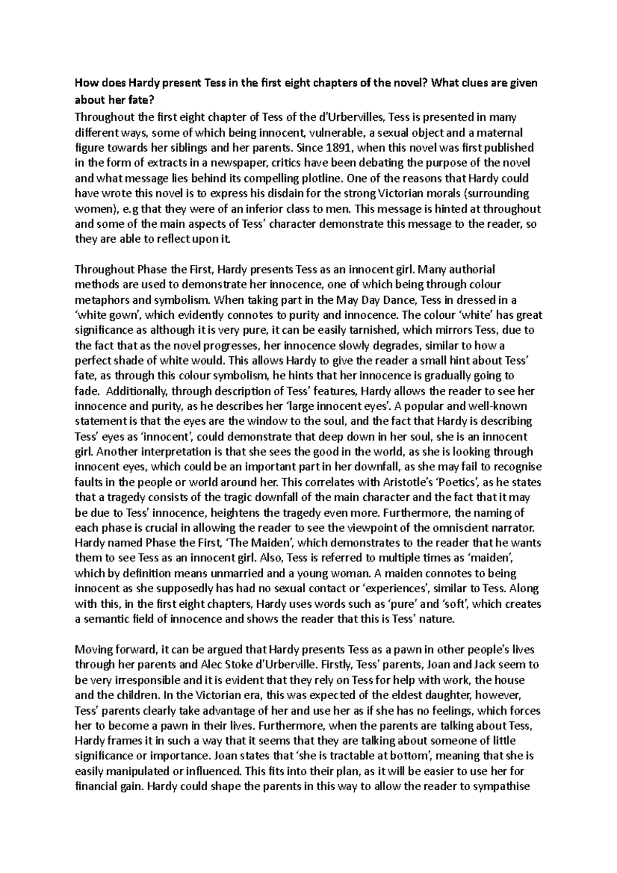 ENGL 201: Tess of the d'Urbervilles - Character Analysis in the First ...