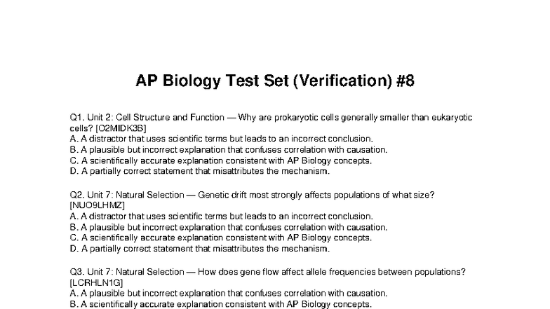 AP Biology APBio Test 8: 5 MCQs on Cell Structure & Natural Selection ...