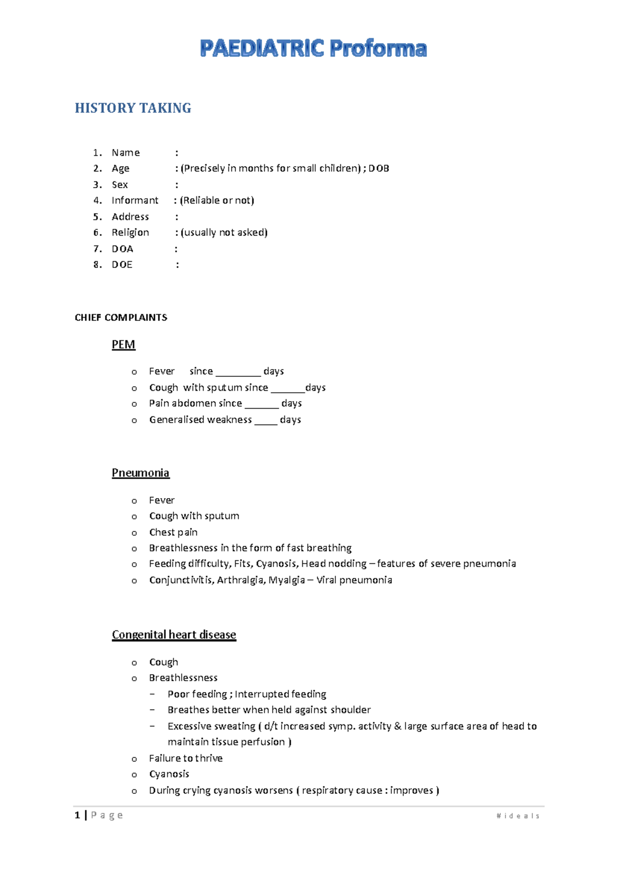 Pediatrics Case Format: Comprehensive History Taking Guide - Studocu
