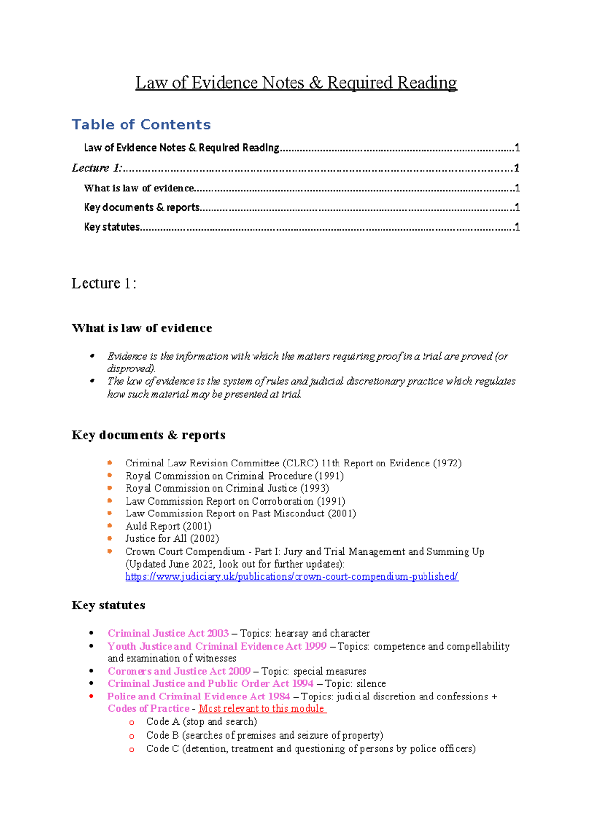 Law of Evidence Lecture Notes (Course Code: LAW 101) - Studocu