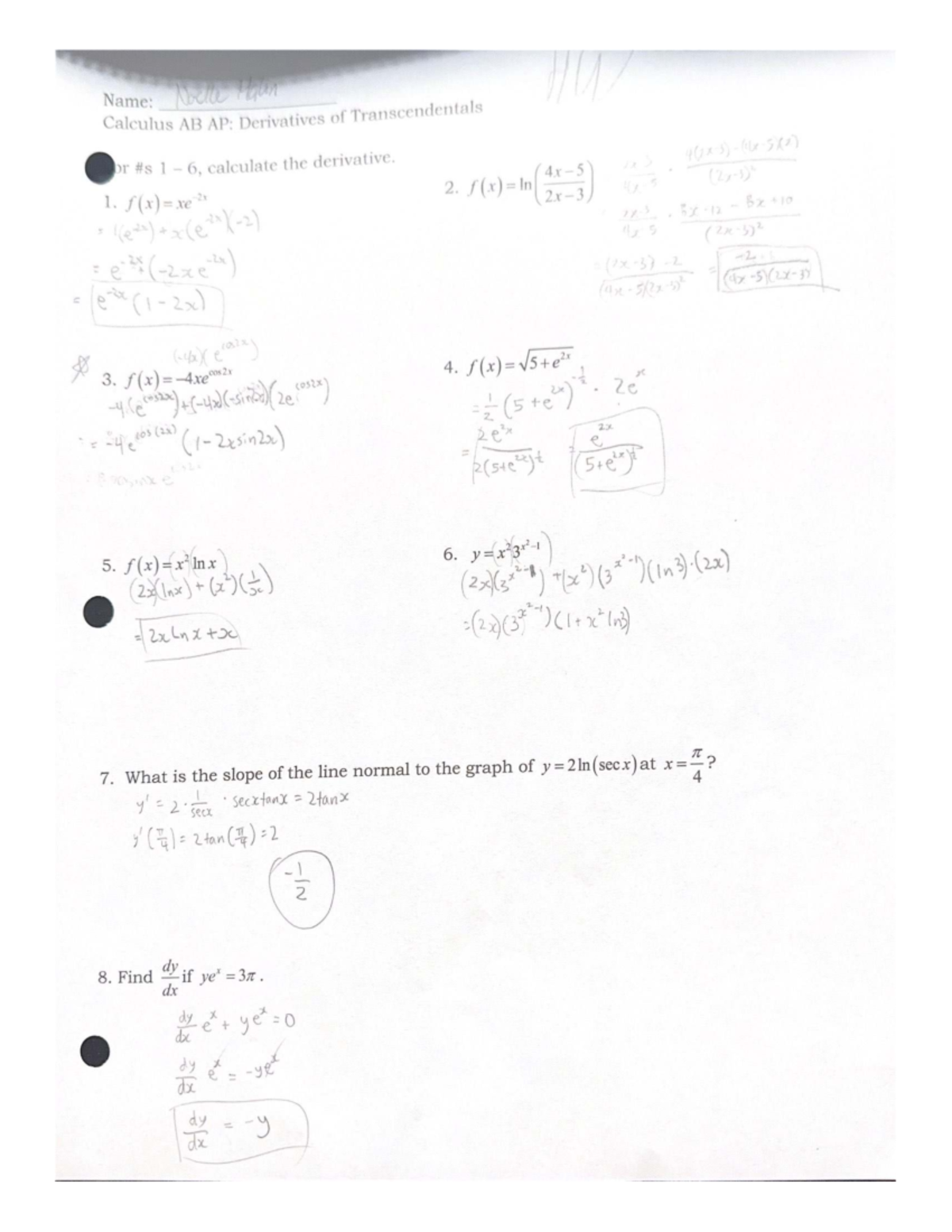 Calculus AB AP: Derivatives of Transcendentals Notes - Studocu