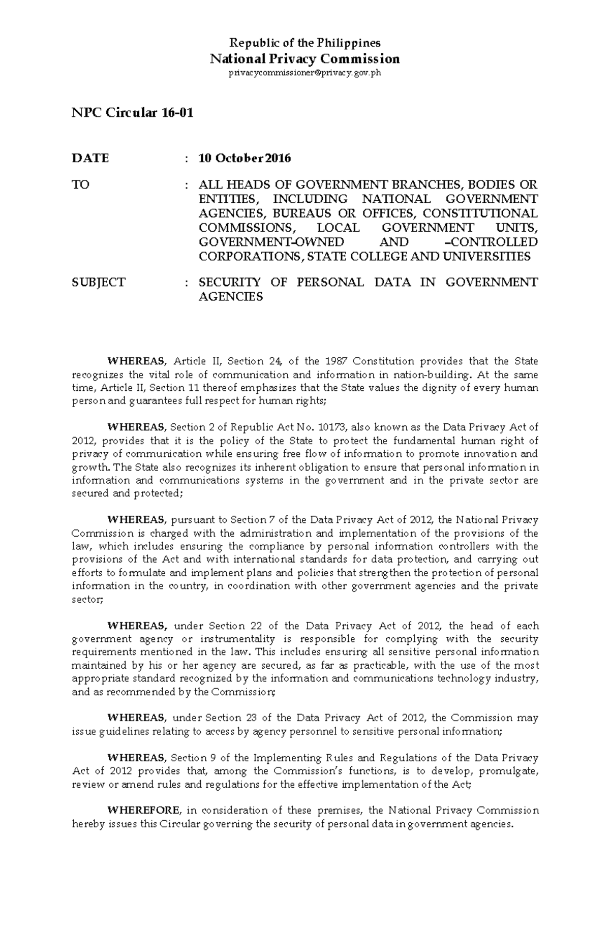 NPC Circular 16-01: Security of Personal Data in Gov't Agencies - Studocu