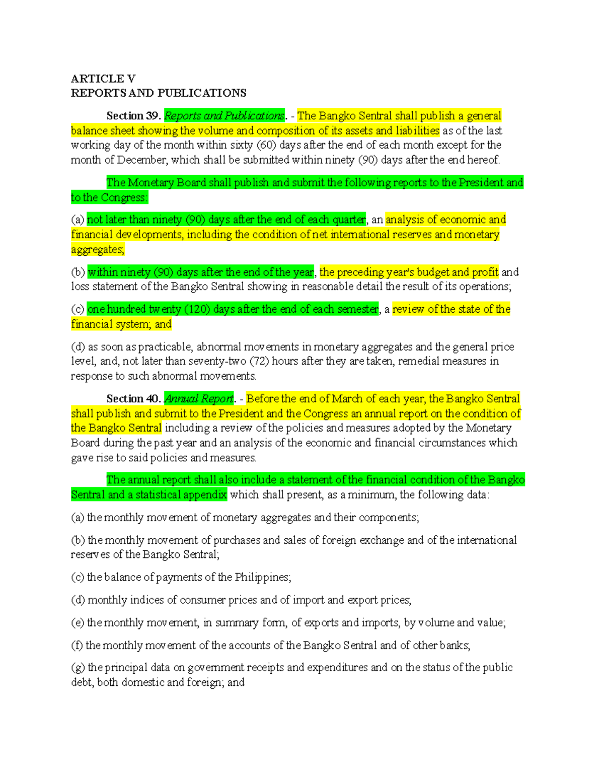 RA 7653 Article V - Reviewer for Quizzes on Reports & Publications ...