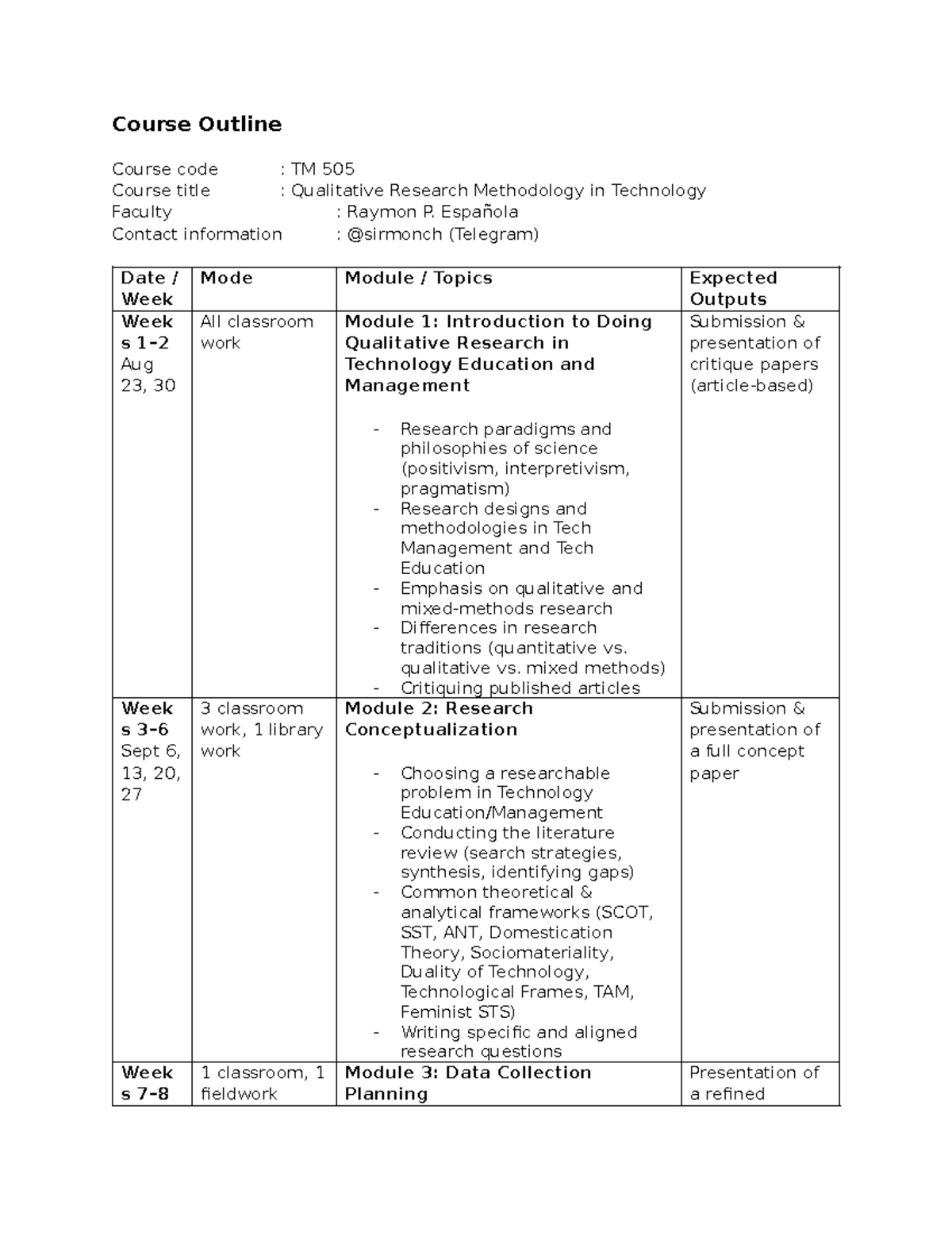 TM 505 Qualitative Research Methodology Course Outline - Studocu