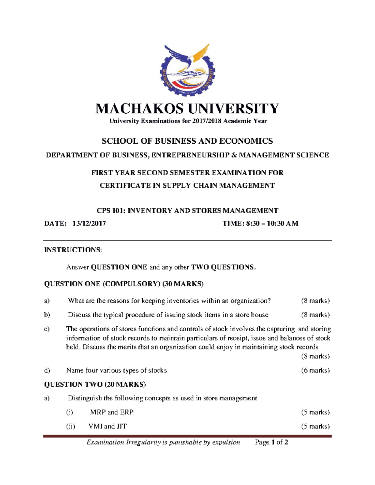 CPS 101: Inventory Management Final Exam - Machakos University - Studocu