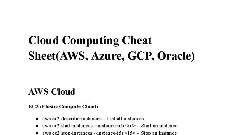 Cloud Computing Cheat Sheet: AWS, Azure, GCP, Oracle Overview - Studocu