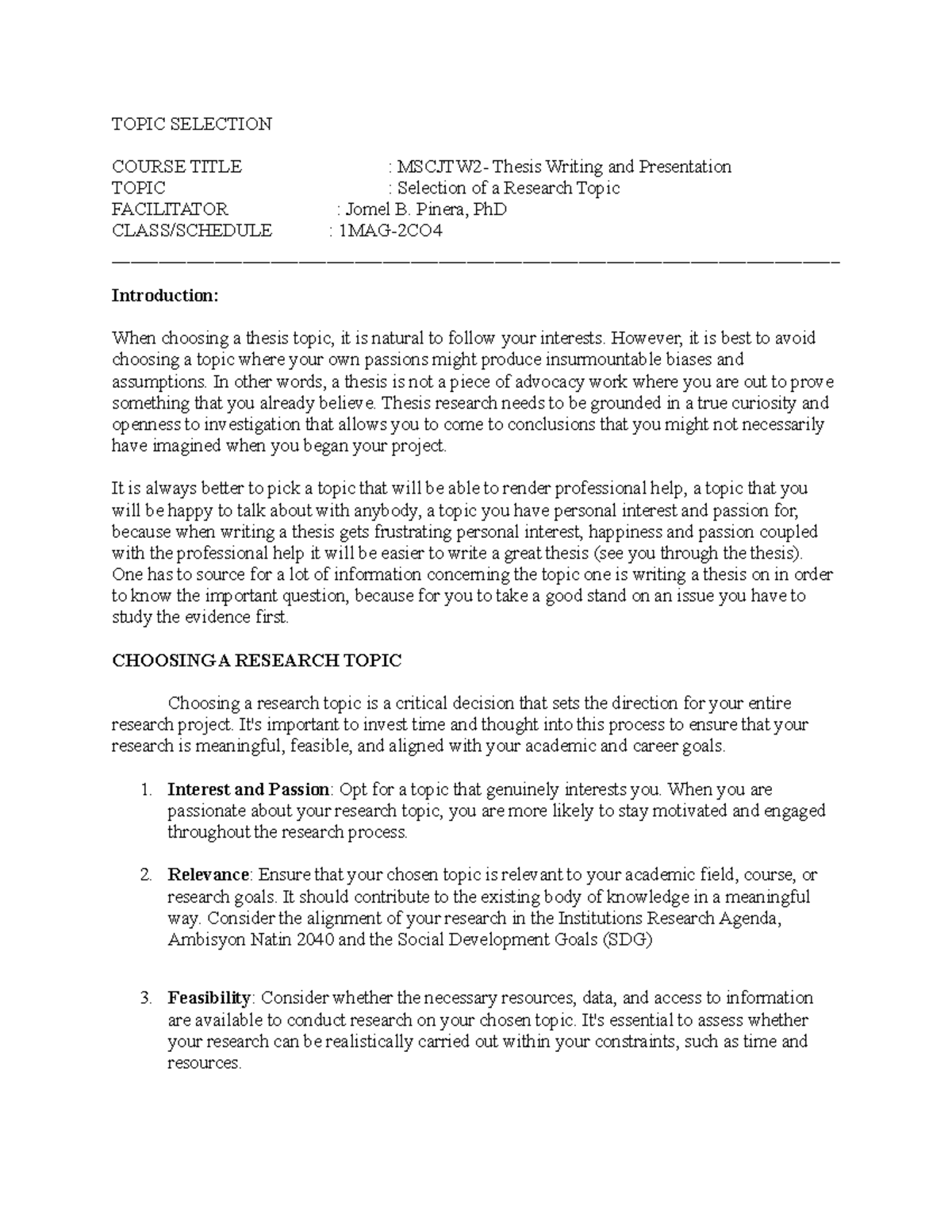 Thesis Writing & Presentation: Selecting a Research Topic - Studocu