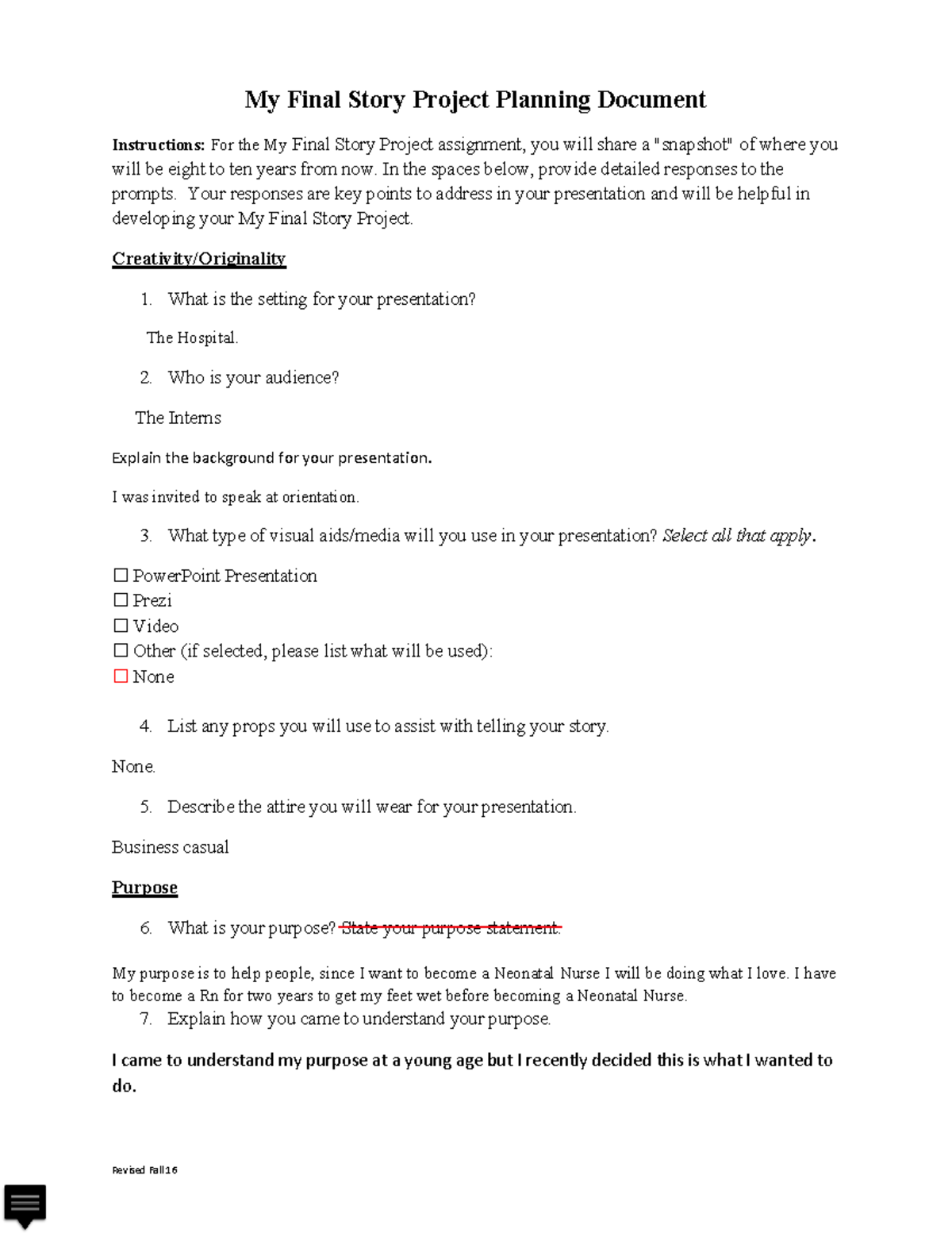 new student experience - My Final Story Project Planning Document ...