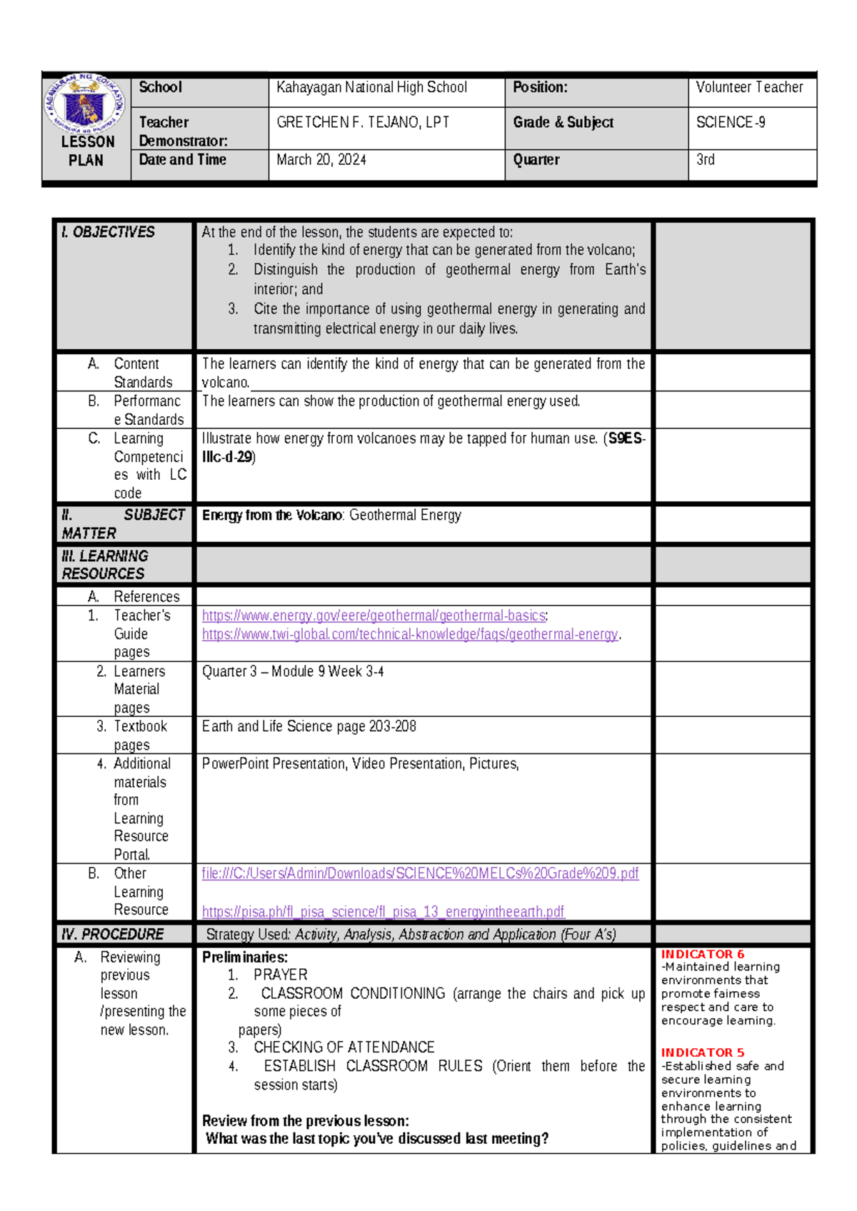 Grade 9 Science Lesson Plan: Geothermal Energy Overview - Studocu