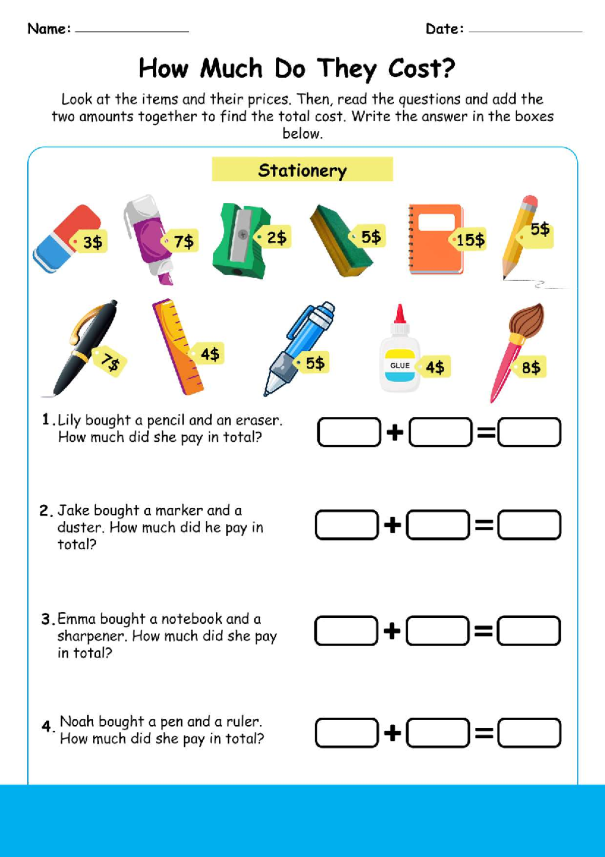 How Much Do They Cost? - 1st Grade Worksheet - Name: Date: How Much Do ...