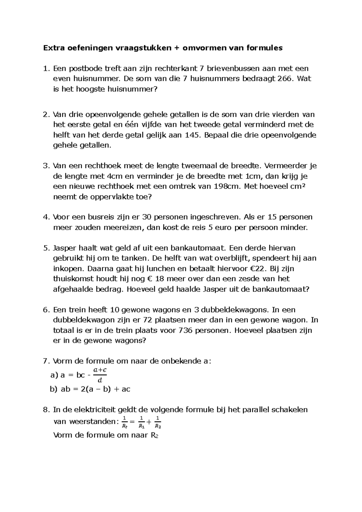 Extra Oefeningen: Vraagstukken & Formule Omvormen 1-8 - Studocu