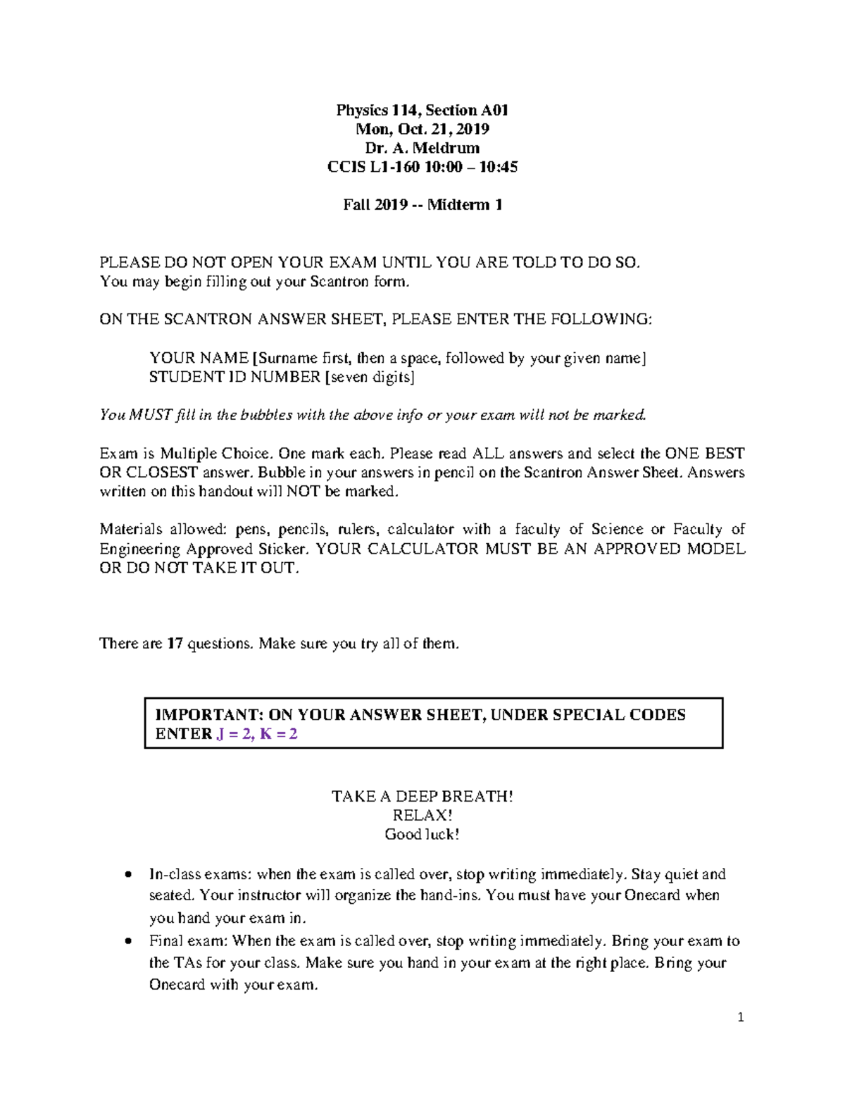 Physics 114 Midterm 1 Exam Instructions and Questions - Studocu