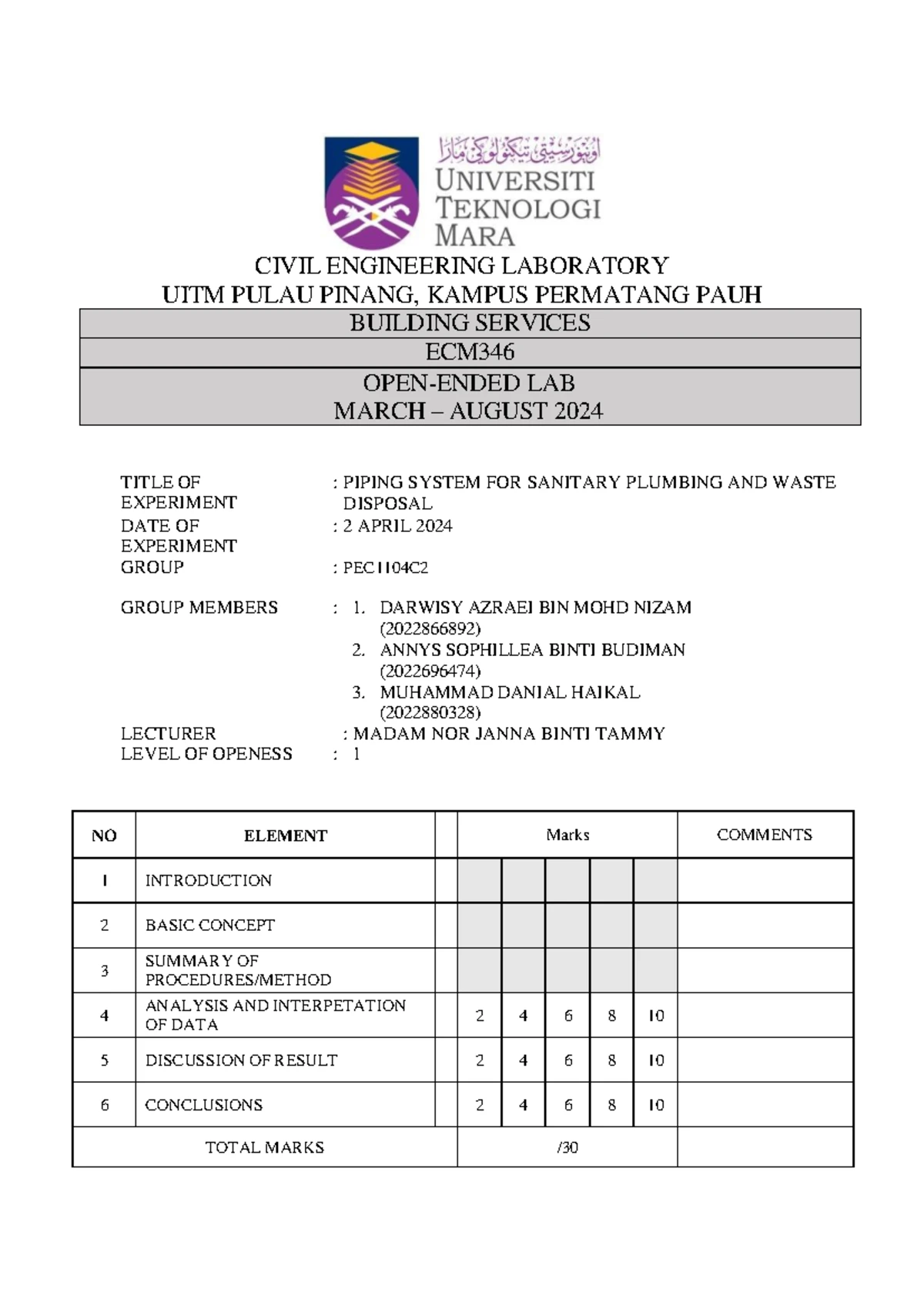 LAB Report ECM346: Piping System for Sanitary Plumbing & Waste Disposal ...
