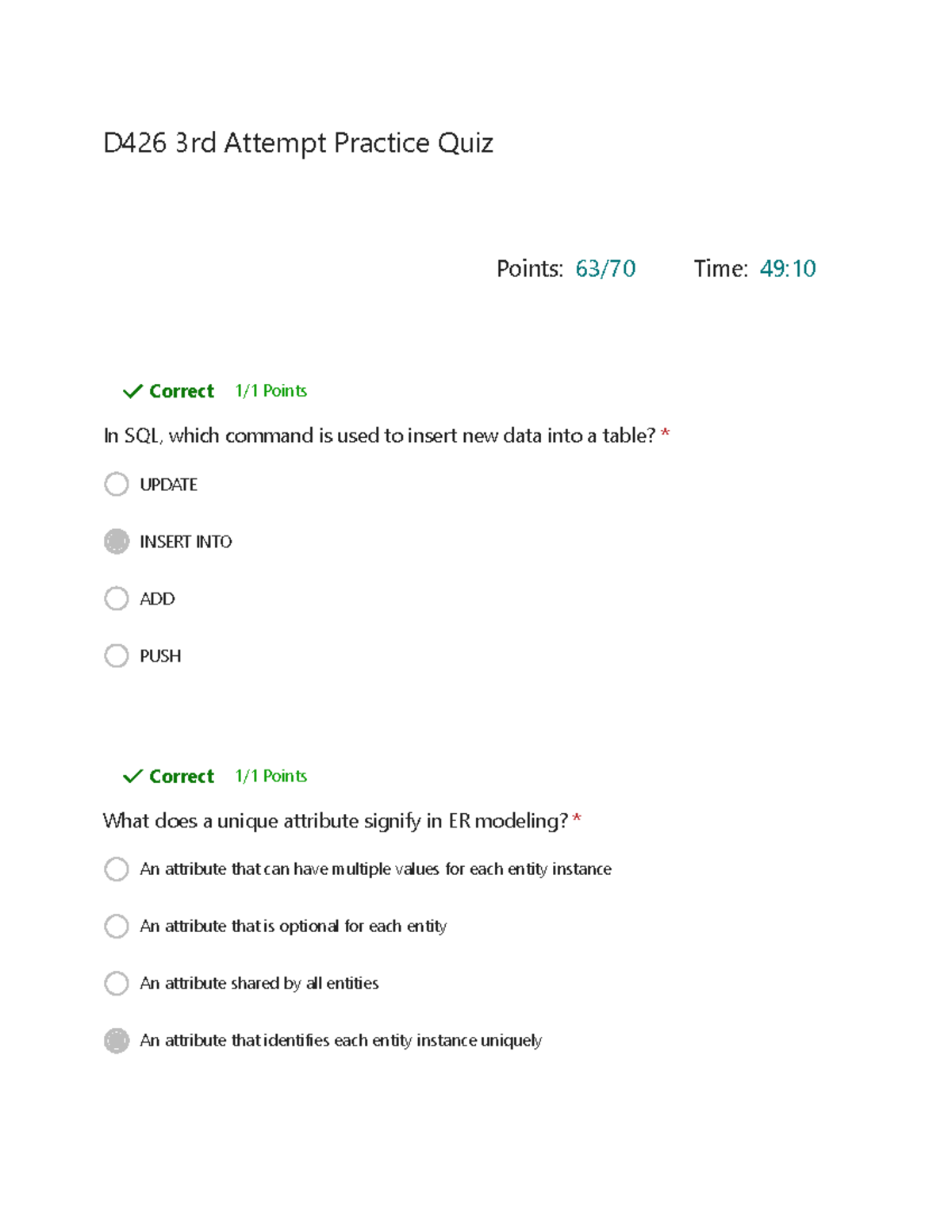 D426 3rd Attempt SQL Practice Quiz with Key Topics Overview - Studocu