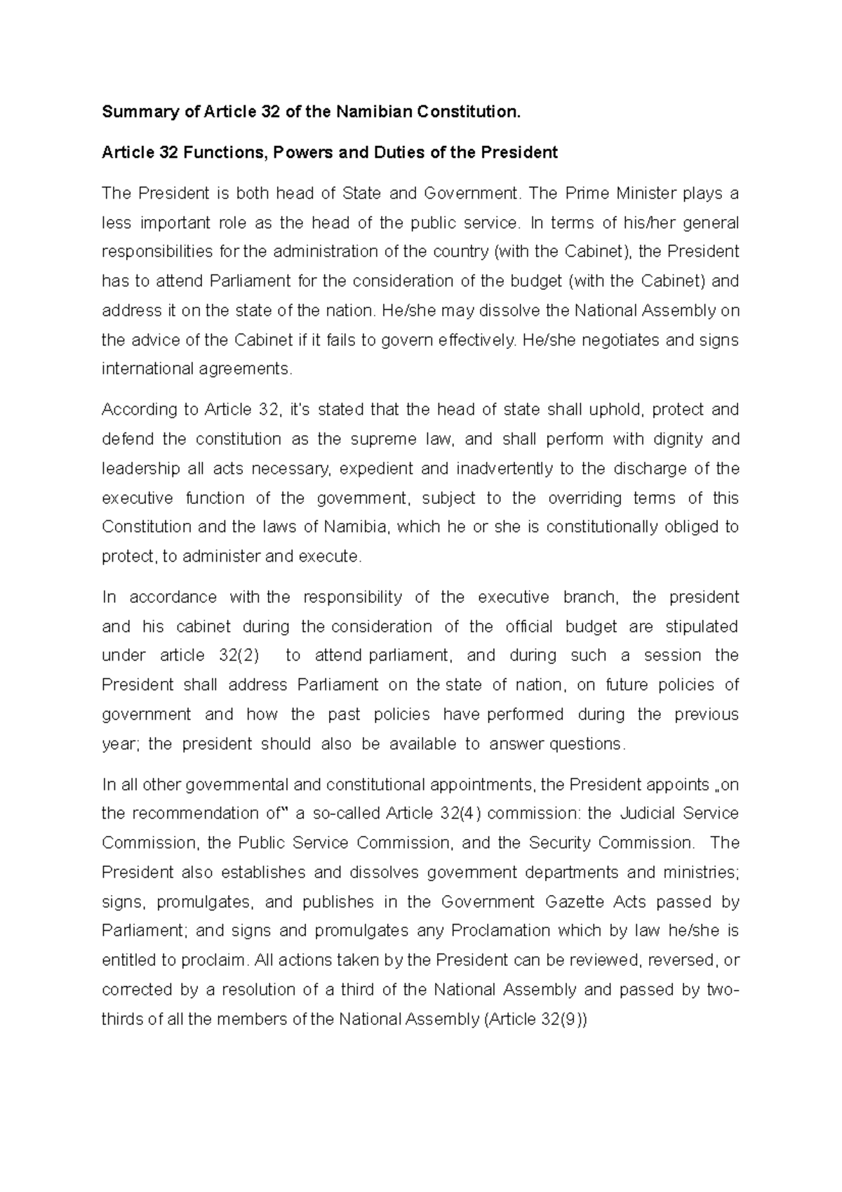 Summary of Article 32 of Namibia's Constitution: Presidential Powers ...