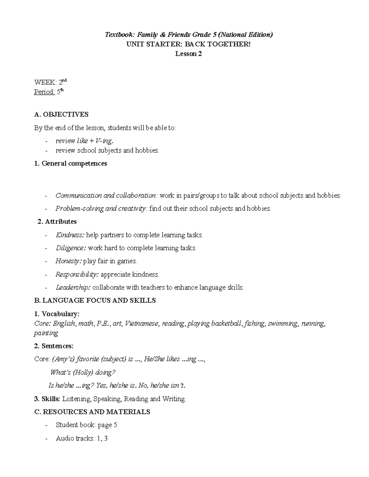 Grade 5 - Week 2 - Lesson Plan: Family Friends Unit Starter - Studocu