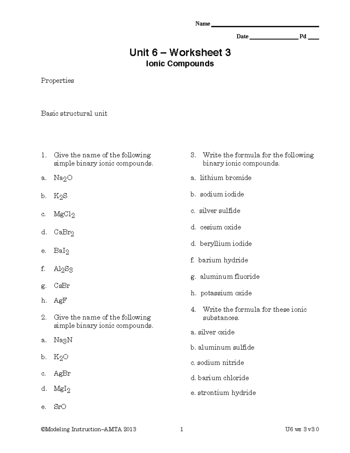 Unit 6 Worksheet 3: Ionic Compounds Practice and Properties - Studocu