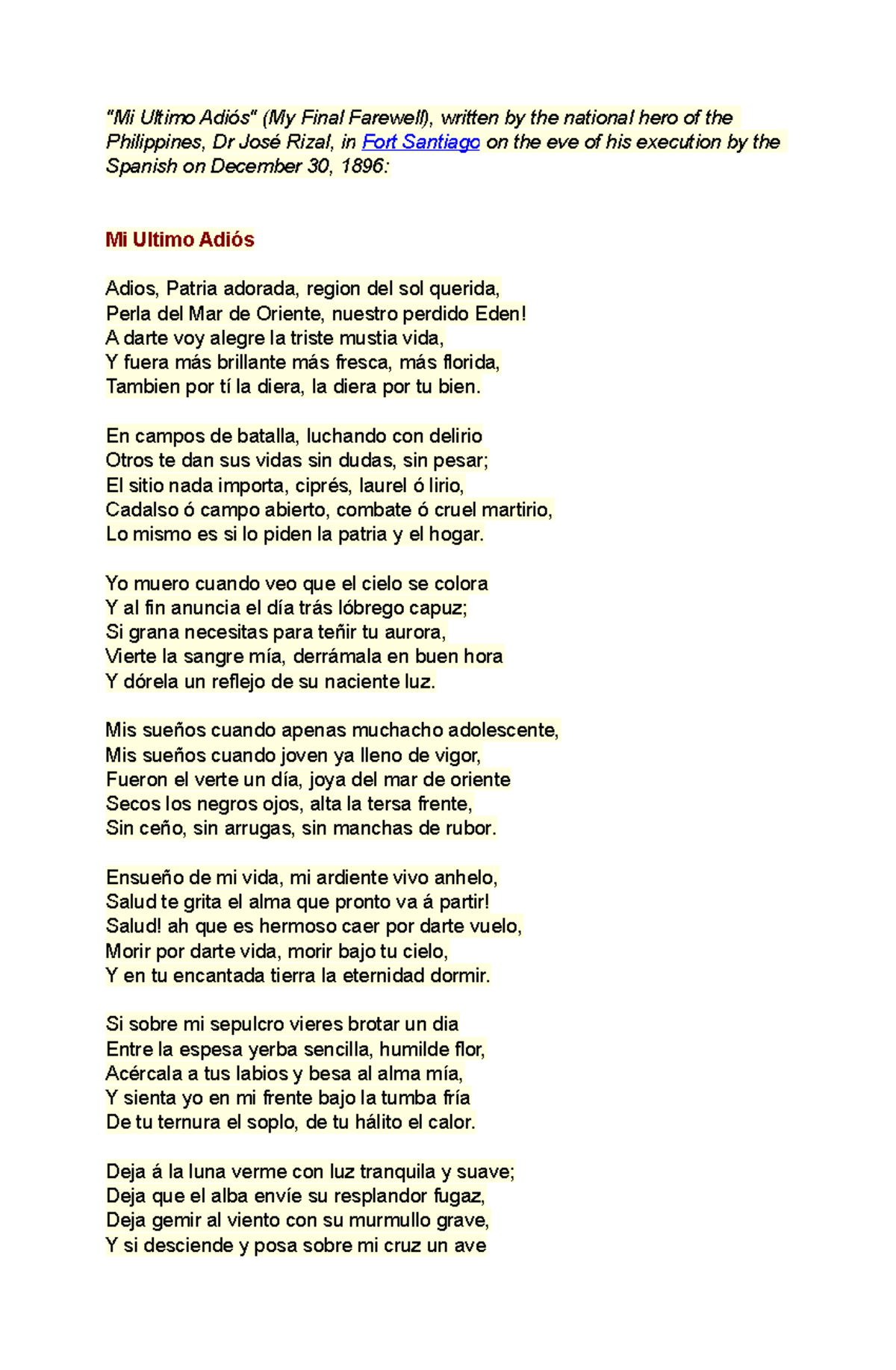 Mi Ultimo Adiós - Life and Works of Rizal - "Mi Ultimo Adiós" (My Final ...