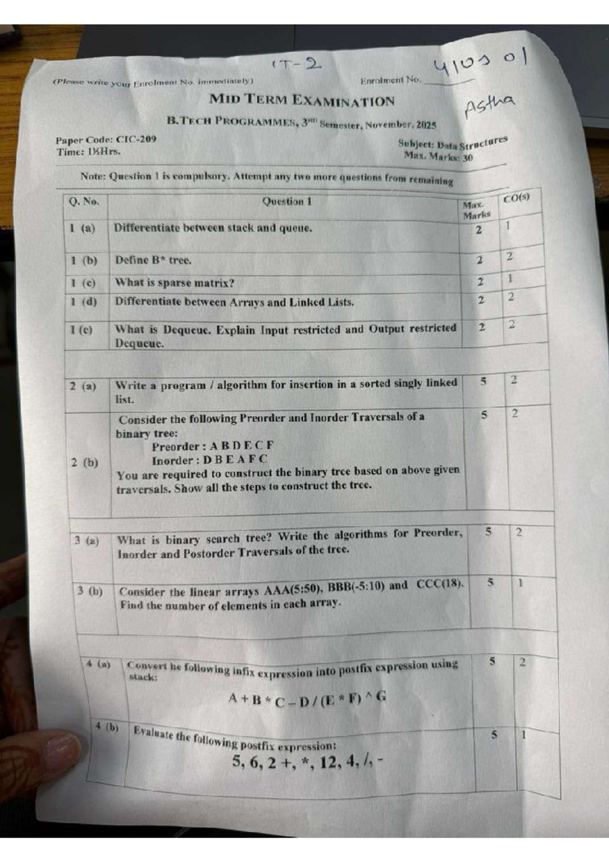 B. TECH 3rd Sem MID TERM EXAM - Data Structures (Paper Code: 410s 01 ...