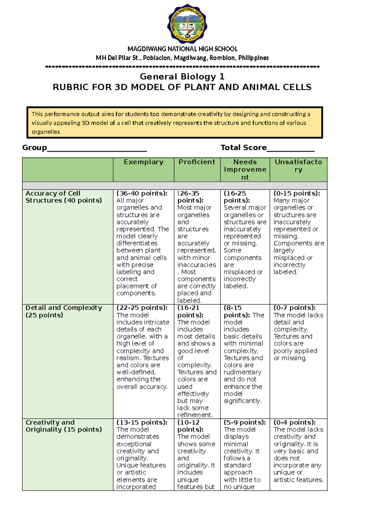 General Biology 1: Rubric for 3D Cell Model Project - Studocu