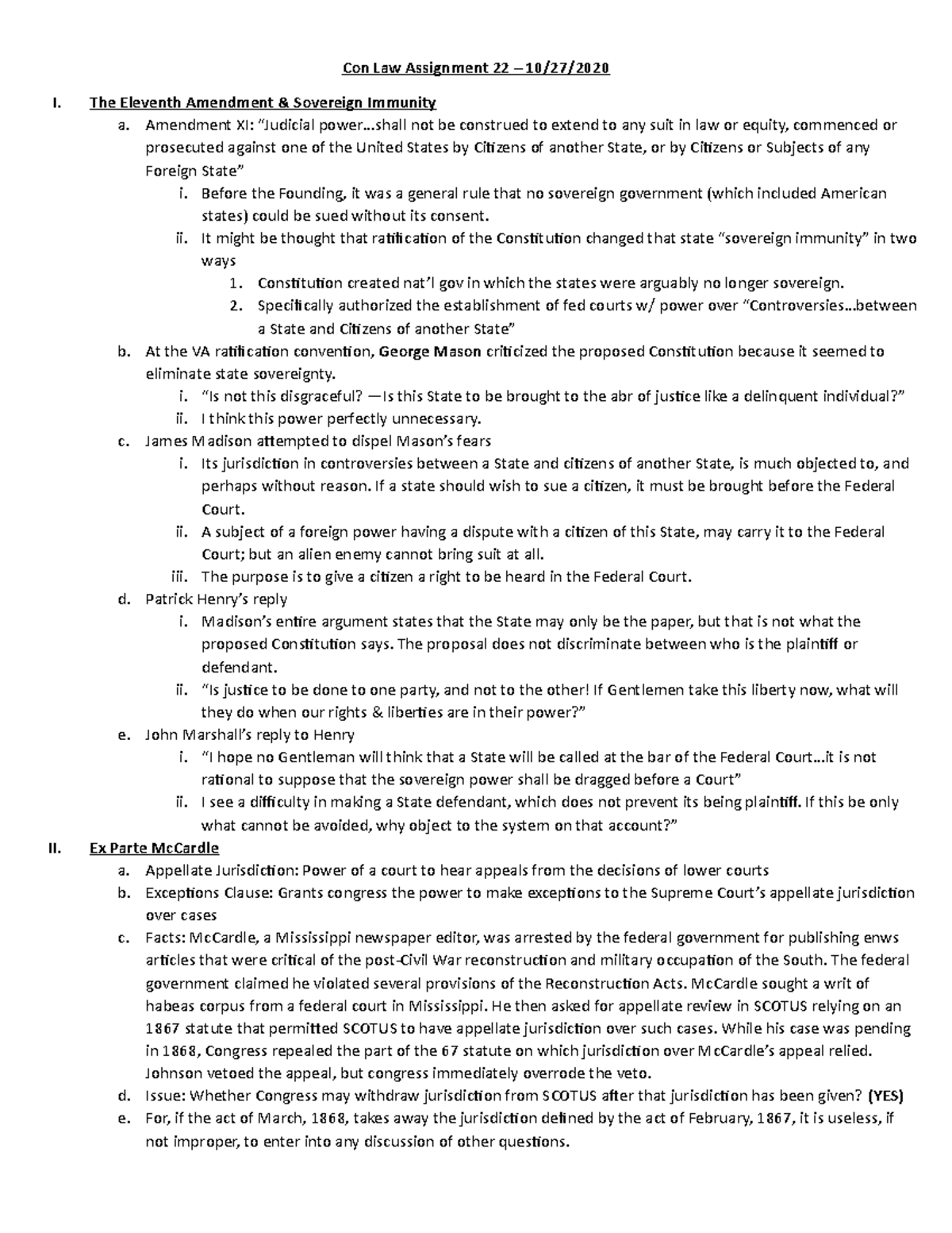 The Eleventh Amendment - Con Law Assignment 22 – 10/27/ I. The Eleventh ...