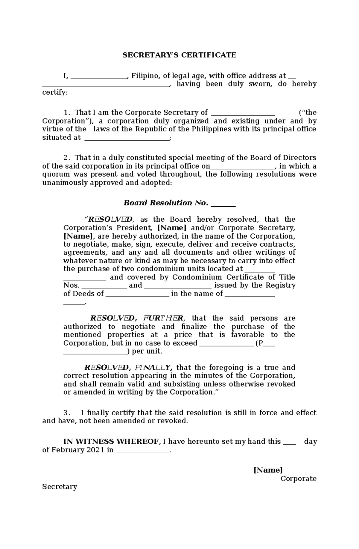 494589818 Secretary's Certificate for Condo Unit Purchase Approval ...