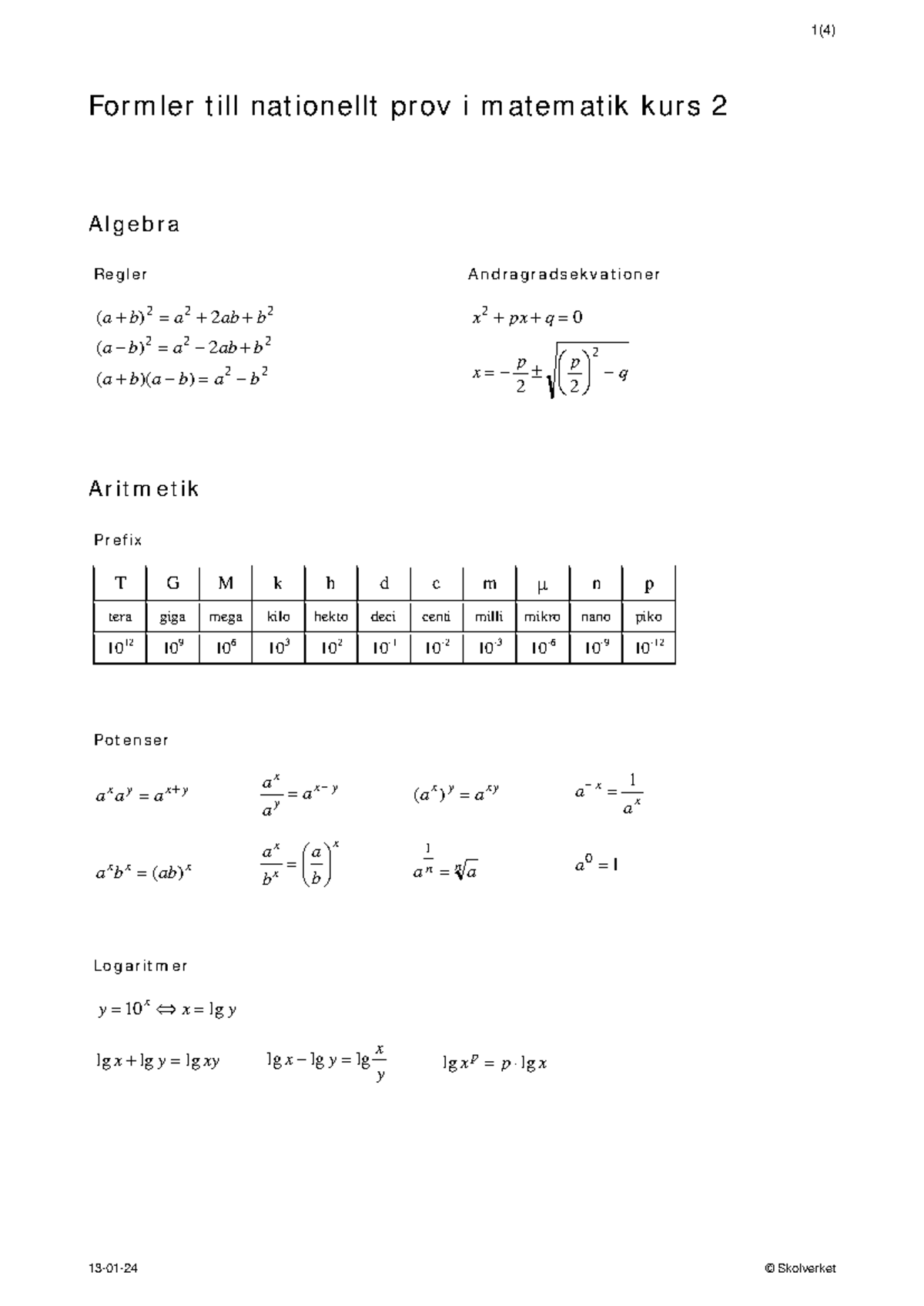 Formelblad för Nationellt Prov i Ma2 - Matematik Kurs 2 - Studocu