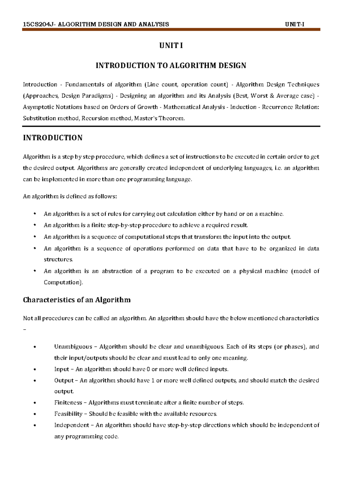 Unit I - .... - UNIT I INTRODUCTION TO ALGORITHM DESIGN Introduction - Fundamentals of algorithm ...