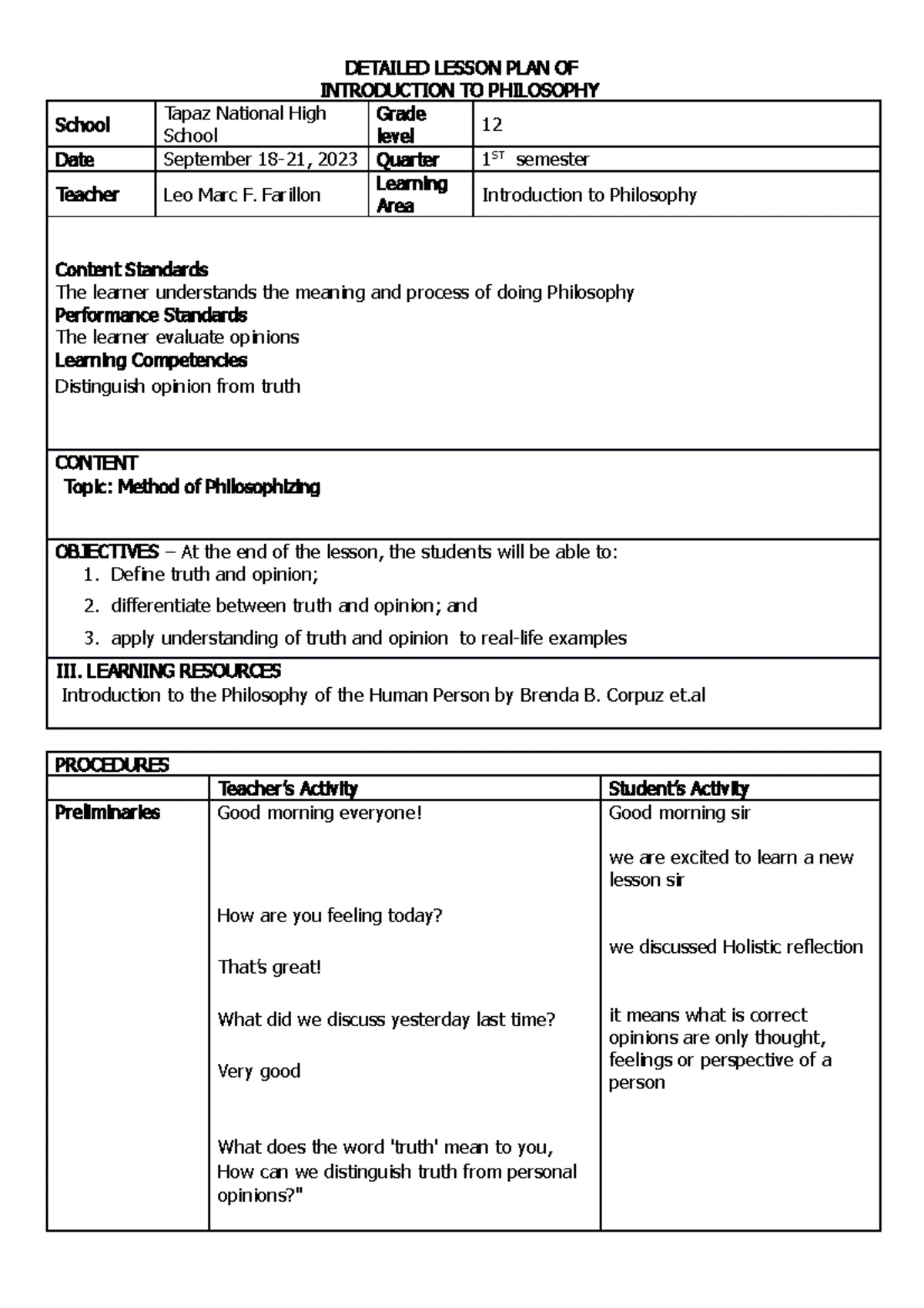 Phil 1 - Detailed Lesson Plan: Introduction to Philosophy - Studocu