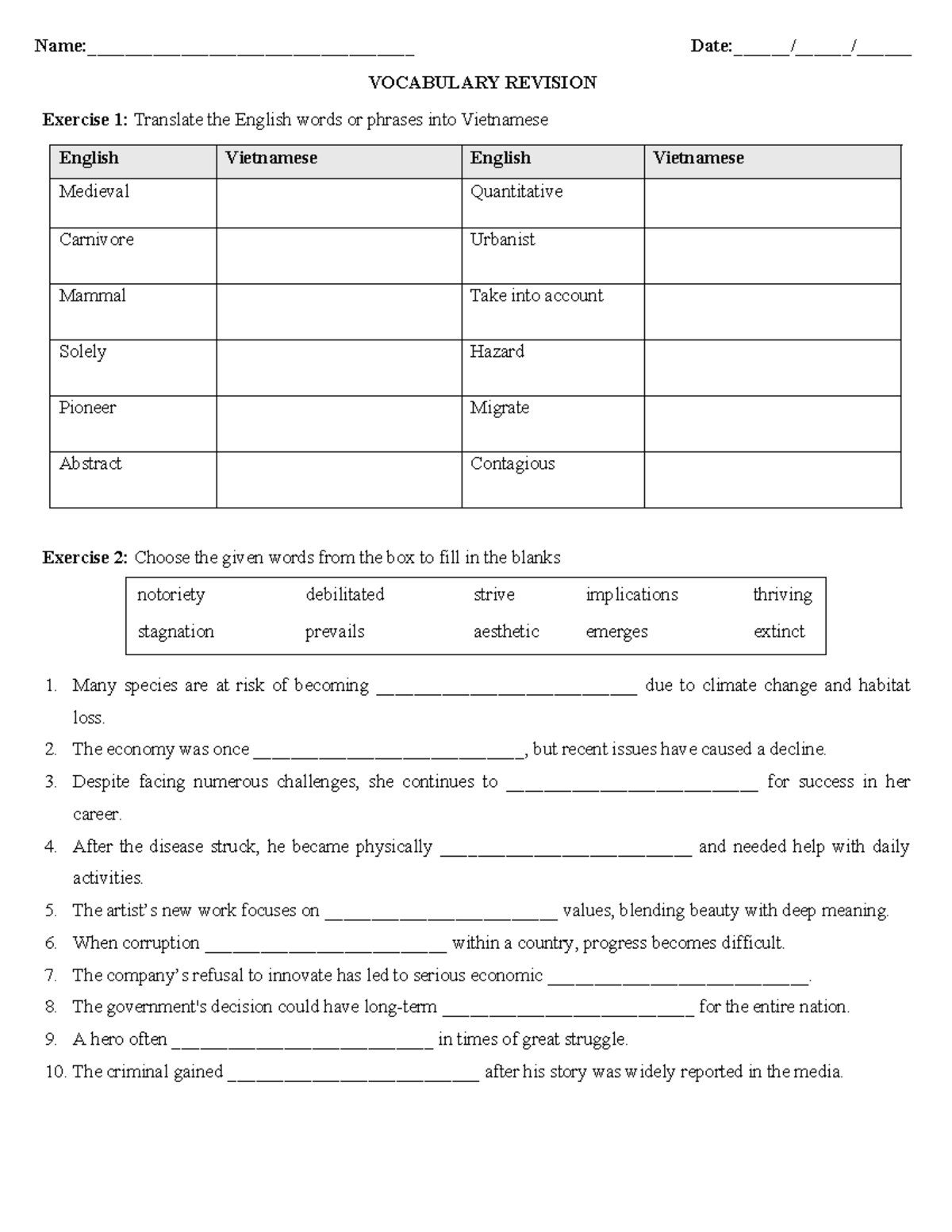 VOCABULARY REVISION: English to Vietnamese Translation Exercises - Studocu