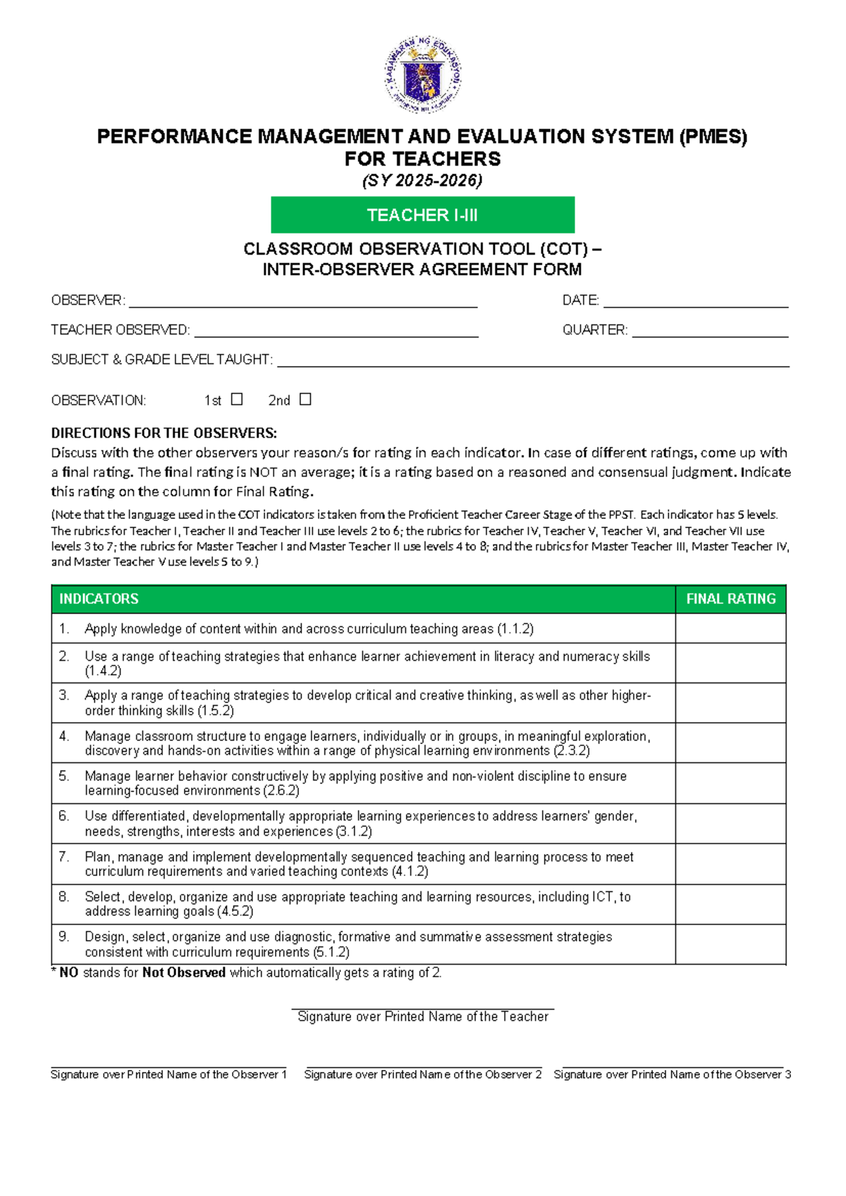 PMES for Teachers: COT Inter-Observer Agreement Form (SY TI-TIII) - Studocu