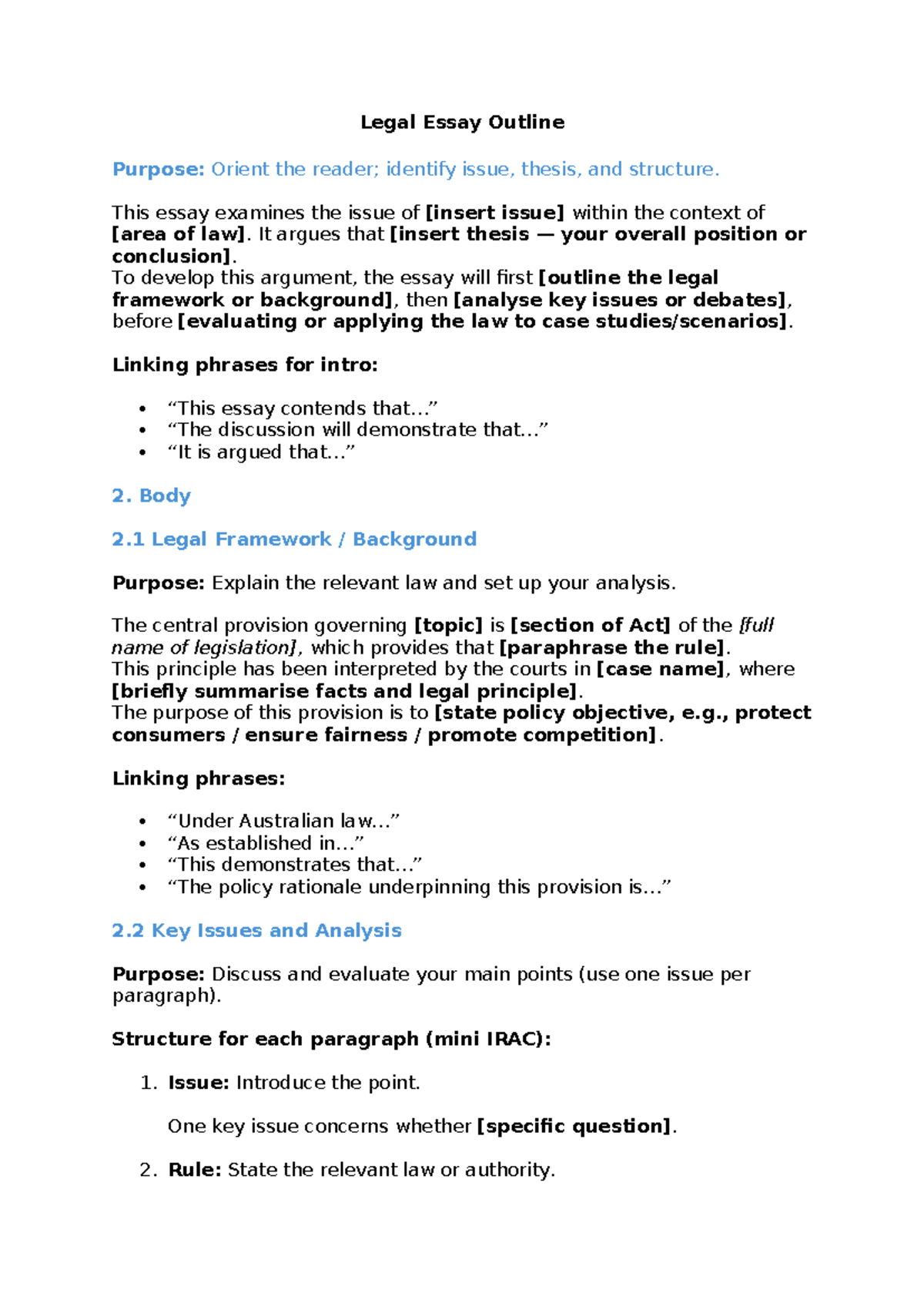 Legal Essay Outline: Structure, Issues, and Analysis - Studocu