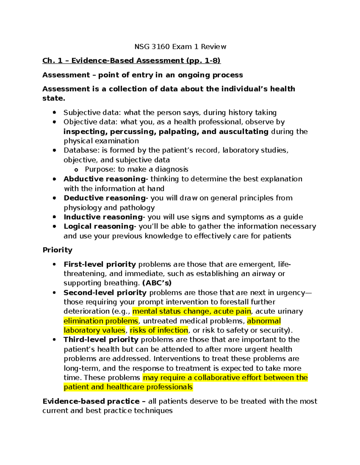 NSG 3160 Exam 1 Review: Key Concepts in Health Assessment and Communication - Studocu