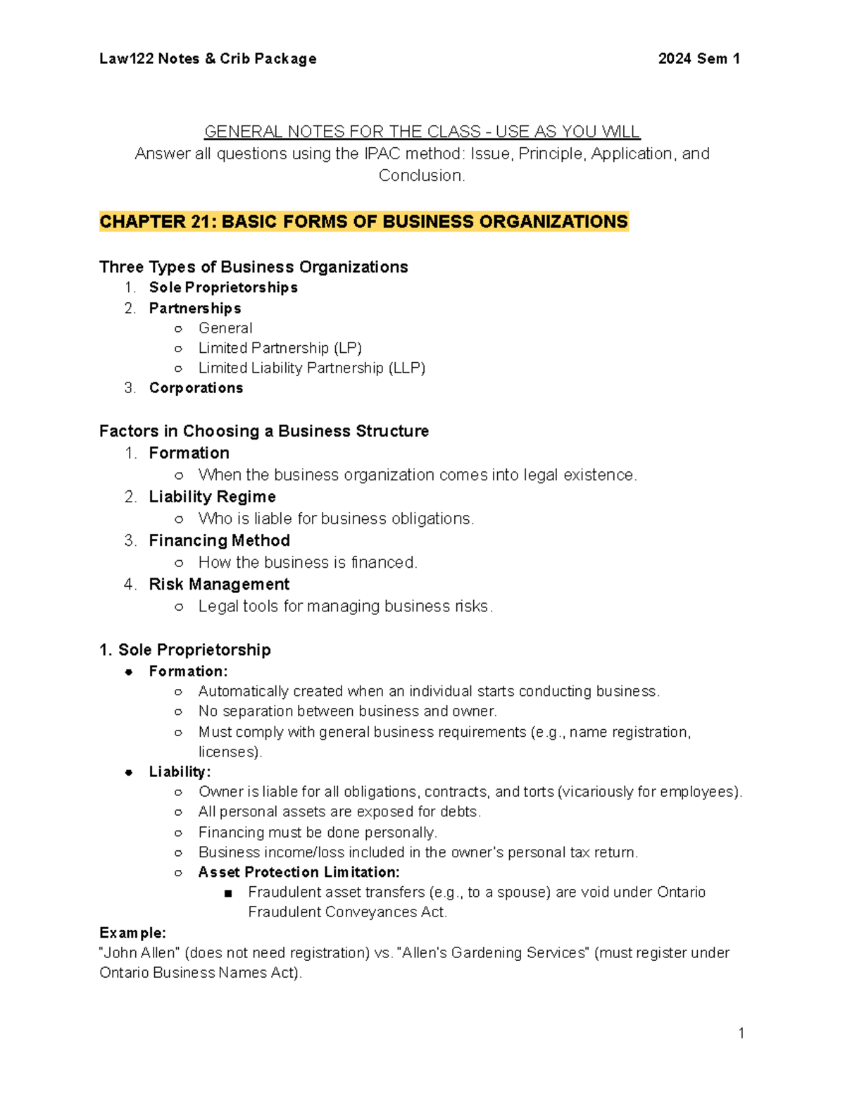 Law122 Final Exam Notes: Business Organizations Overview 2024 Sem 1 ...
