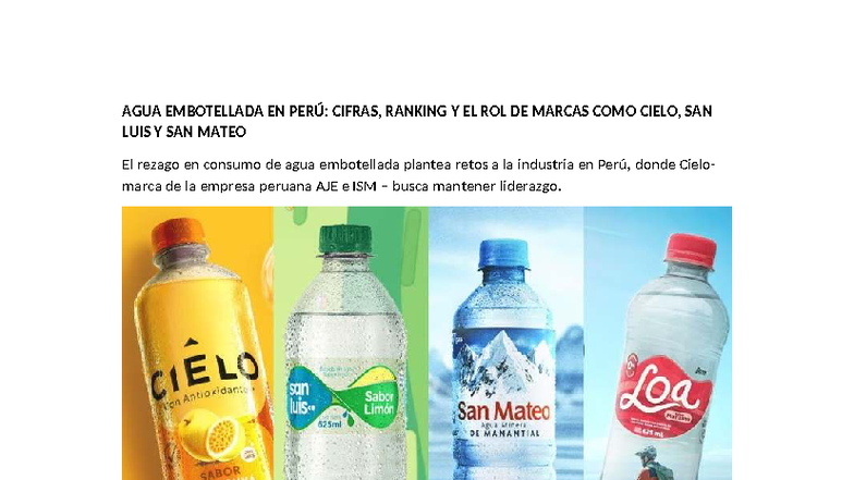 AGUA EMBOTELLADA EN PERÚ: TENDENCIAS Y RANKING DE MARCAS - Studocu