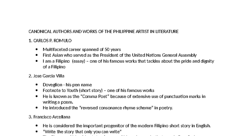 Canonical Authors and Works in Philippine Literature 1 (Notes) - Studocu