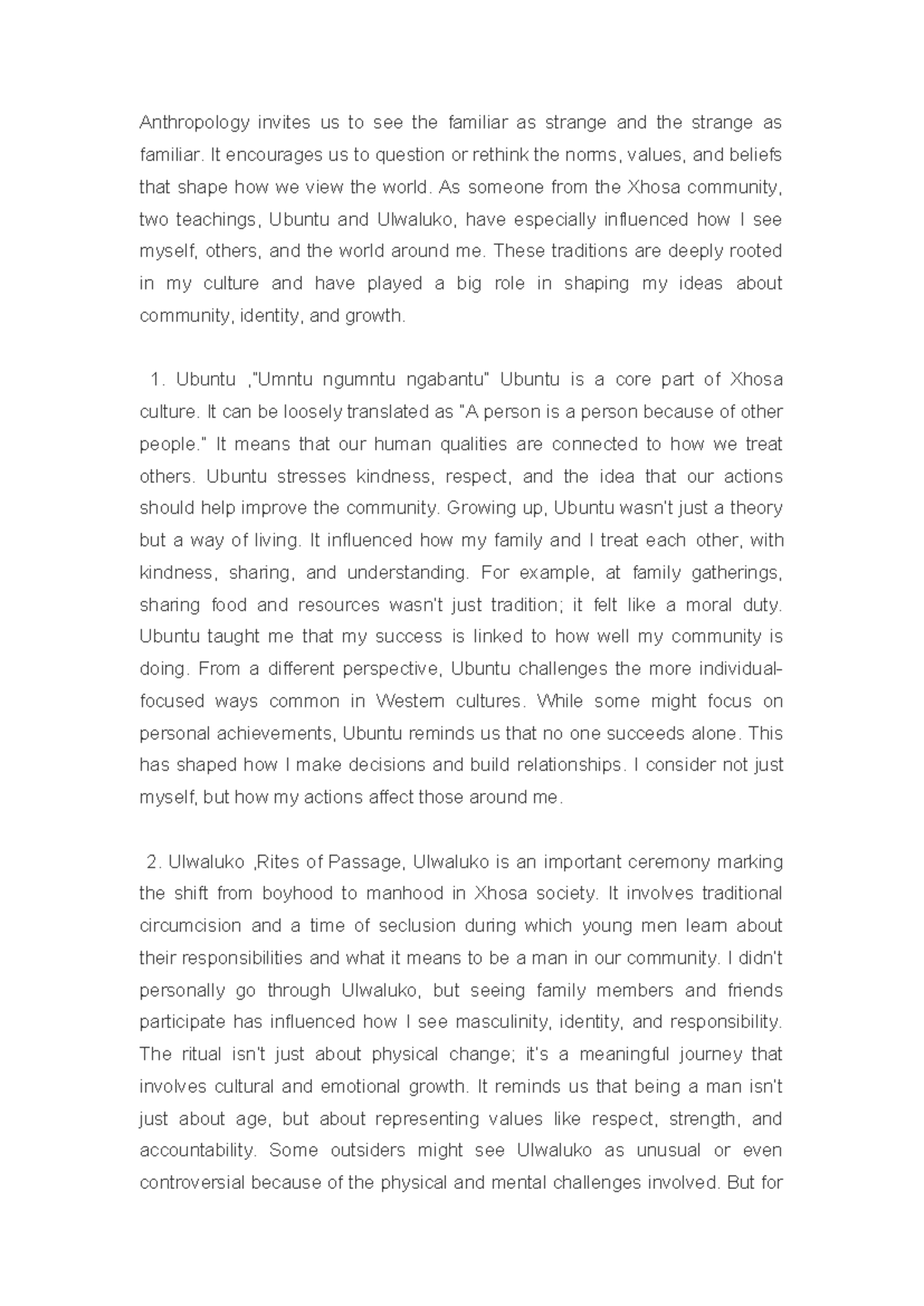 ANTH 101: Understanding Ubuntu and Ulwaluko in Xhosa Culture - Studocu