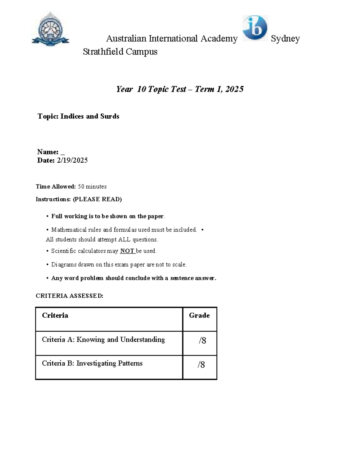 Year 10 Topic Test T1 2025: Indices and Surds - Studocu