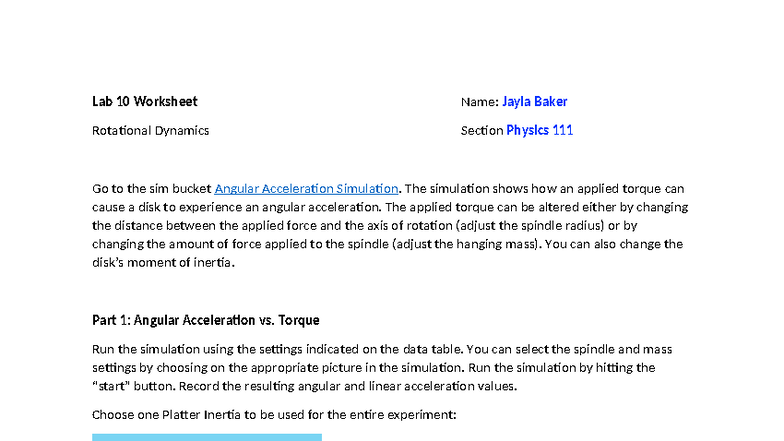 Lab 10 Worksheet: Rotational Dynamics & Angular Acceleration Analysis ...