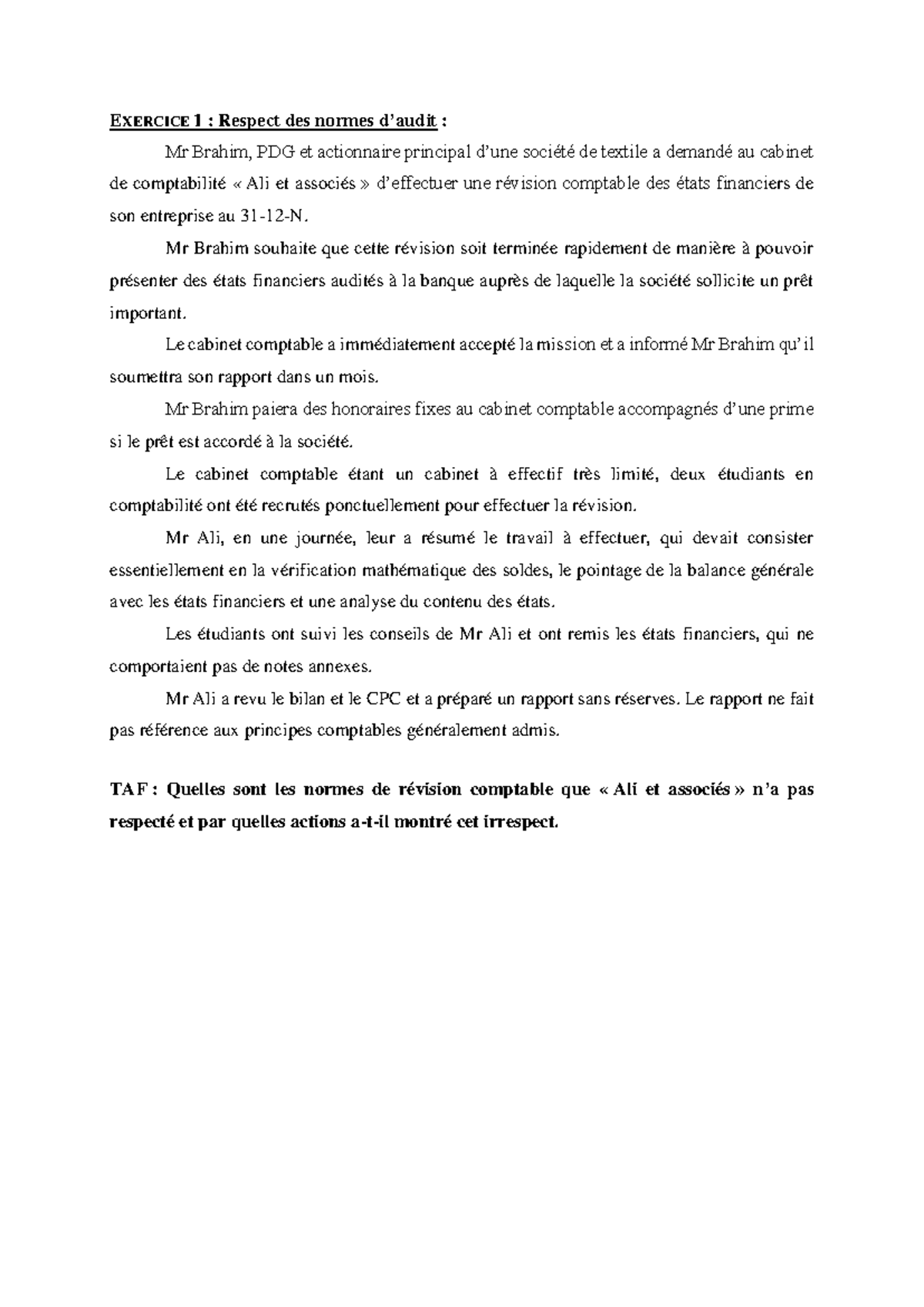 EXERCICE 1 : Normes de Révision Comptable - Cas Mr Brahim - Studocu