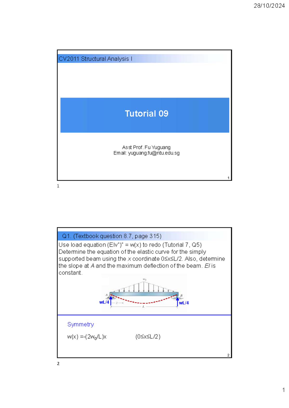 CV2011 Structural Analysis I Tutorial 09 Solutions by Prof. Fu Yuguang - Studocu