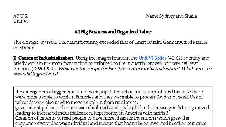 AP U.S. History Unit VI: Big Business & Labor Dynamics (6.1) - Studocu