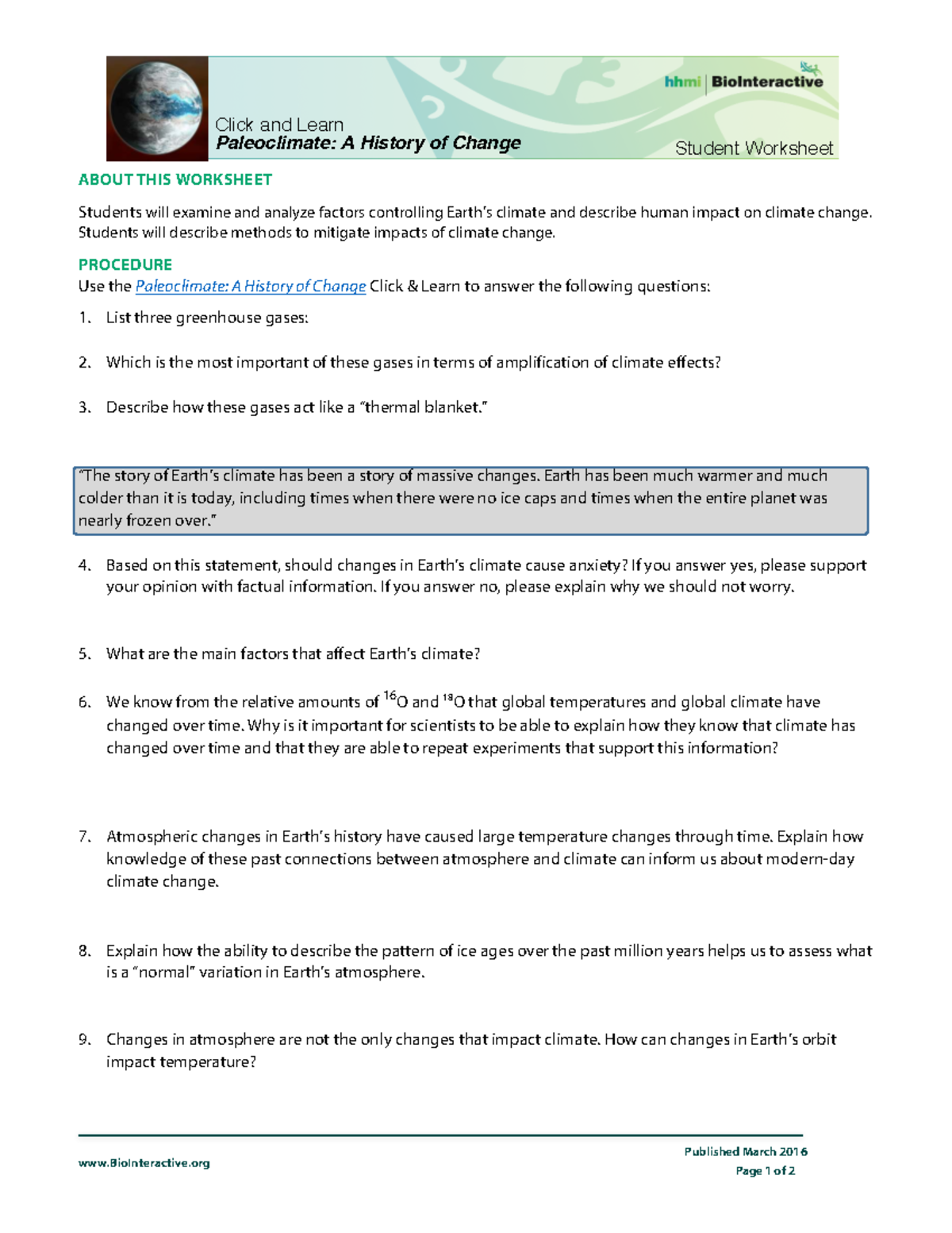 Paleoclimate (CLIM101): Student Worksheet on Climate Change Analysis ...
